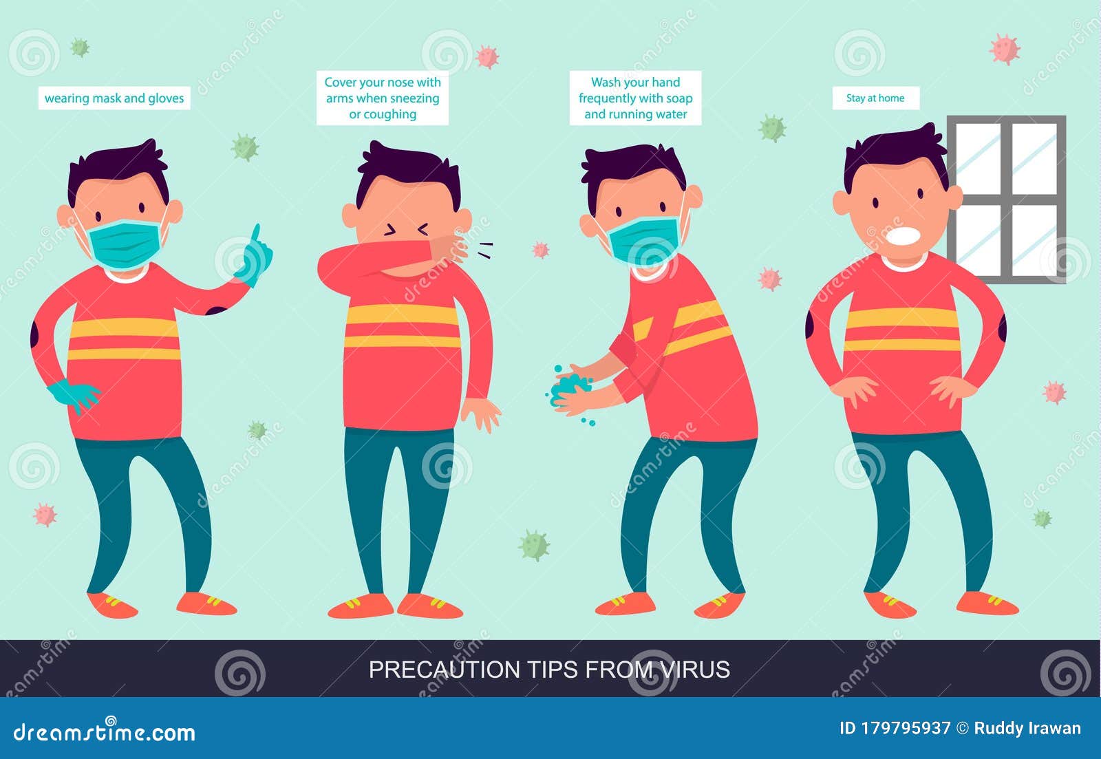 Precaution Tips from Virus, Set of Cartoon Illustration Stock Vector ...