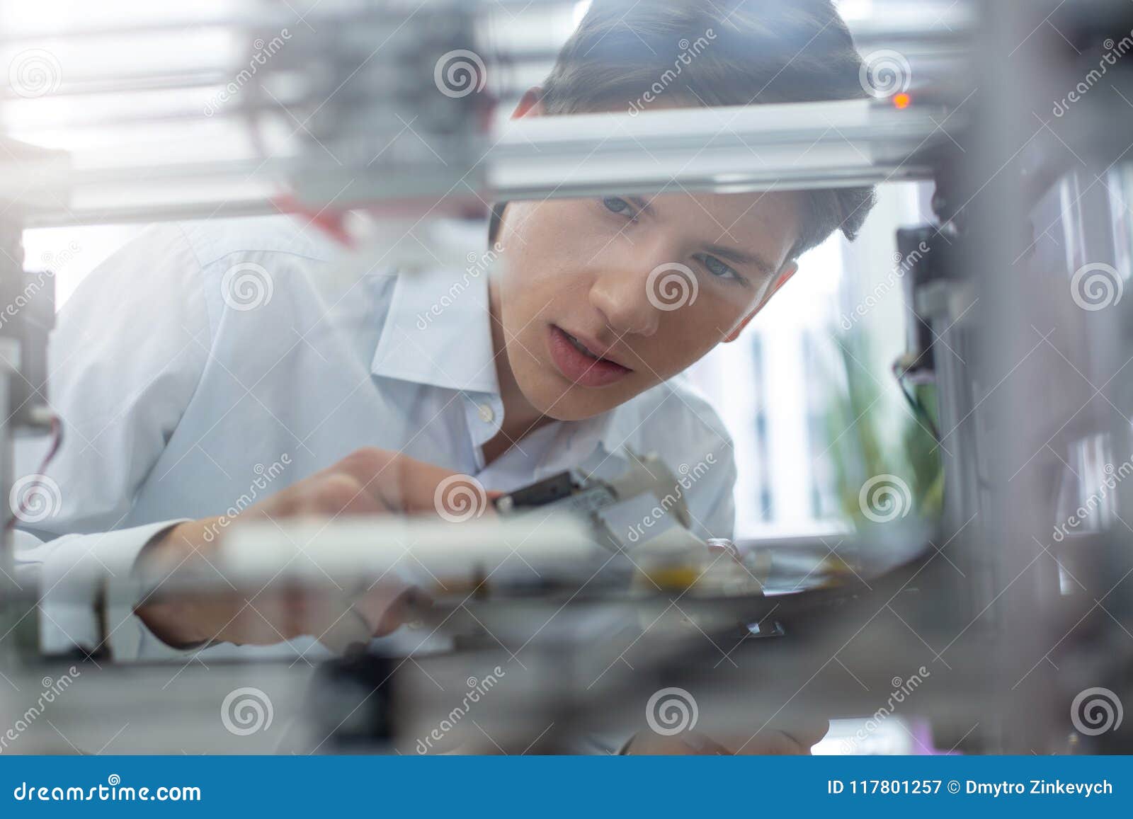 Pleasant Young Man Measuring Model Made with 3D Printer Stock Image ...