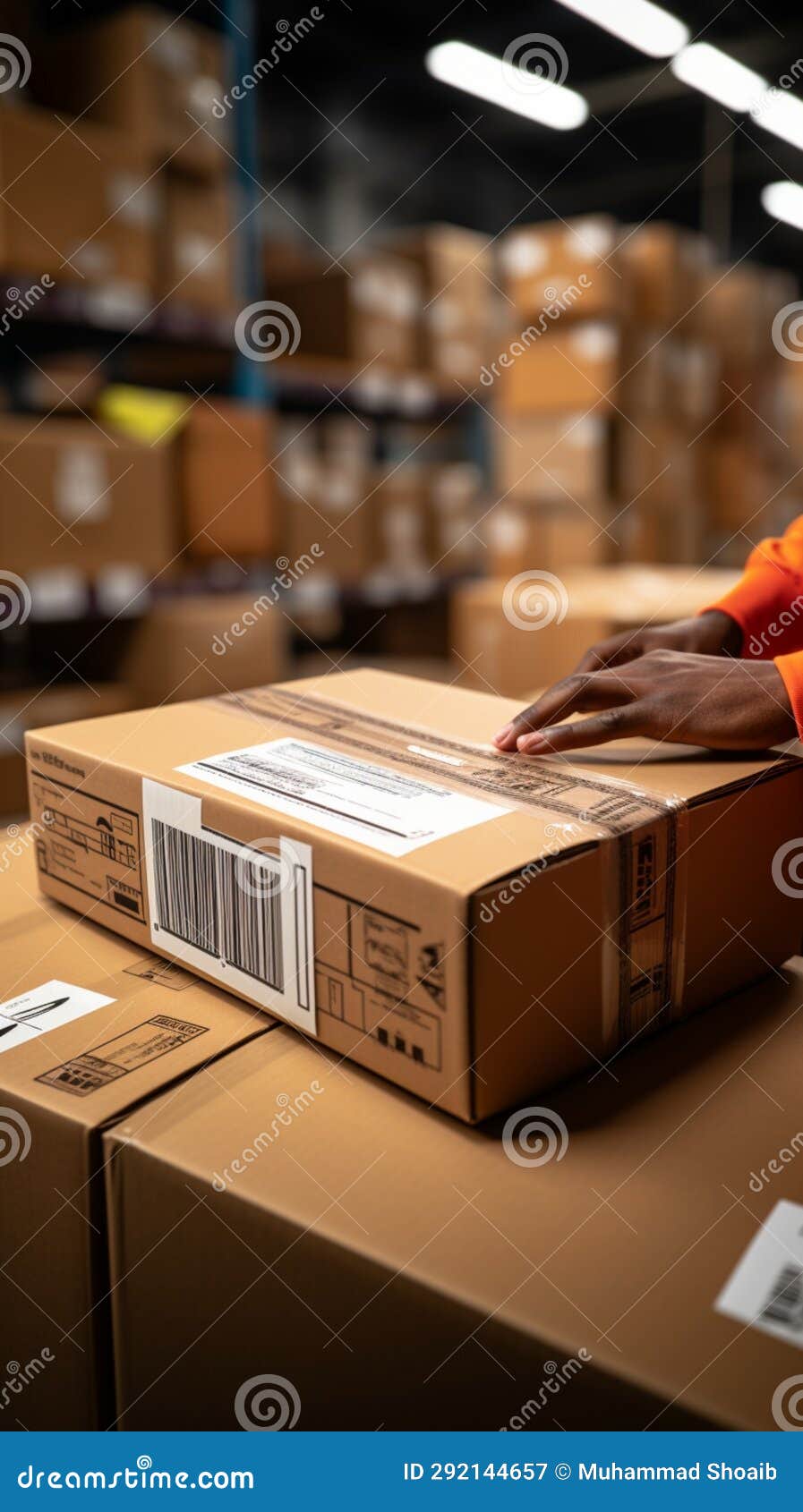 Precise Office Courier Fixing Address Label on Package in Close-up View ...