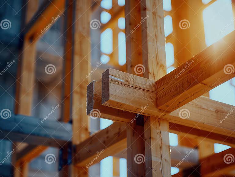 Precisely Aligned Timber Beams in a Building Frame Under Construction at a Development Site, a ...