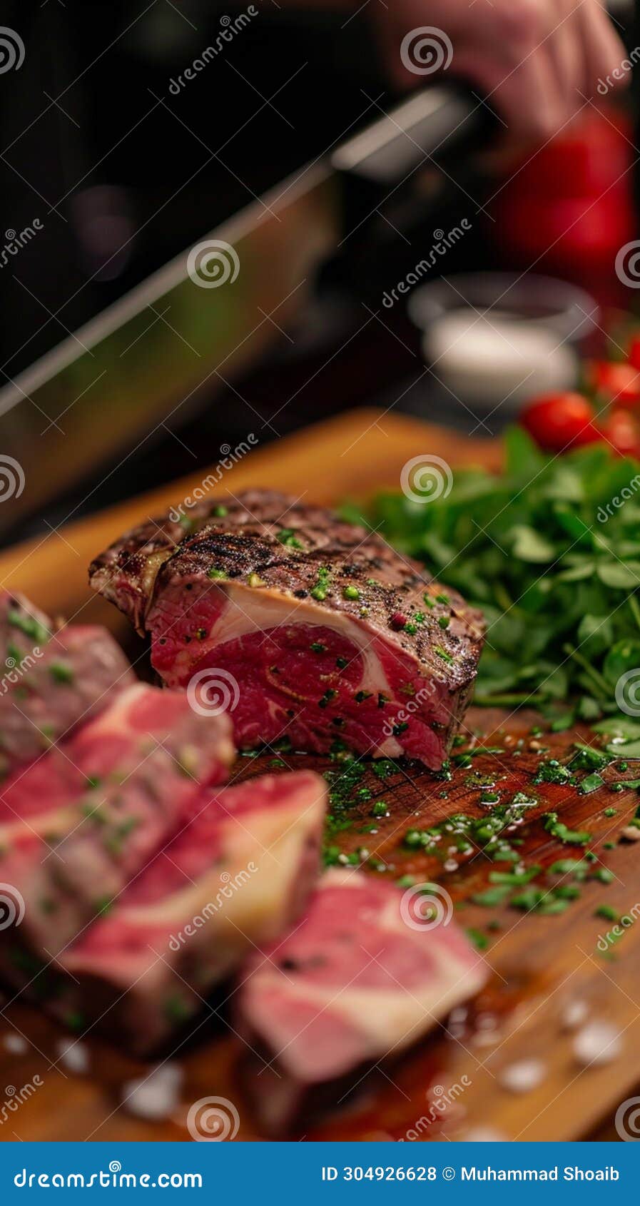 Precision in Cooking Chefs Hands Cutting a Large Beef Portion Stock ...