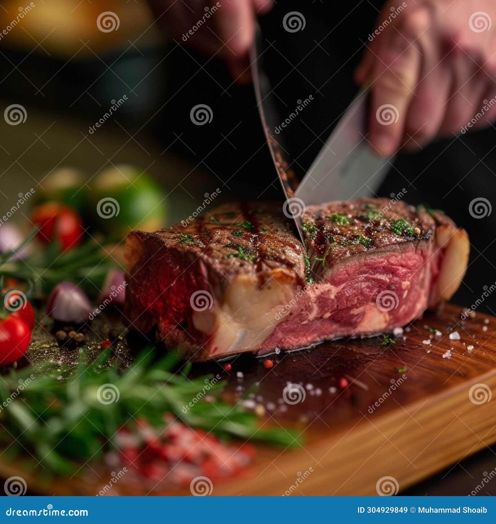 Precision in Cooking Chefs Hands Cutting a Large Beef Portion Stock ...