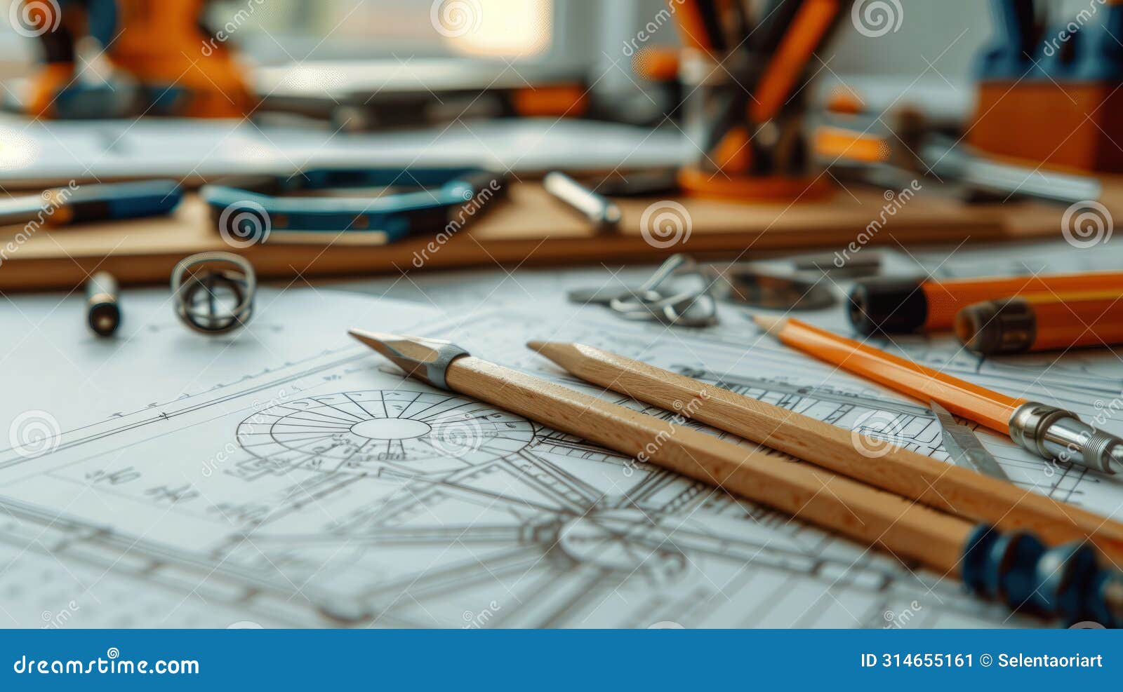 Drafting Tools On An Oak Desk Cartoon Vector | CartoonDealer.com #4827057