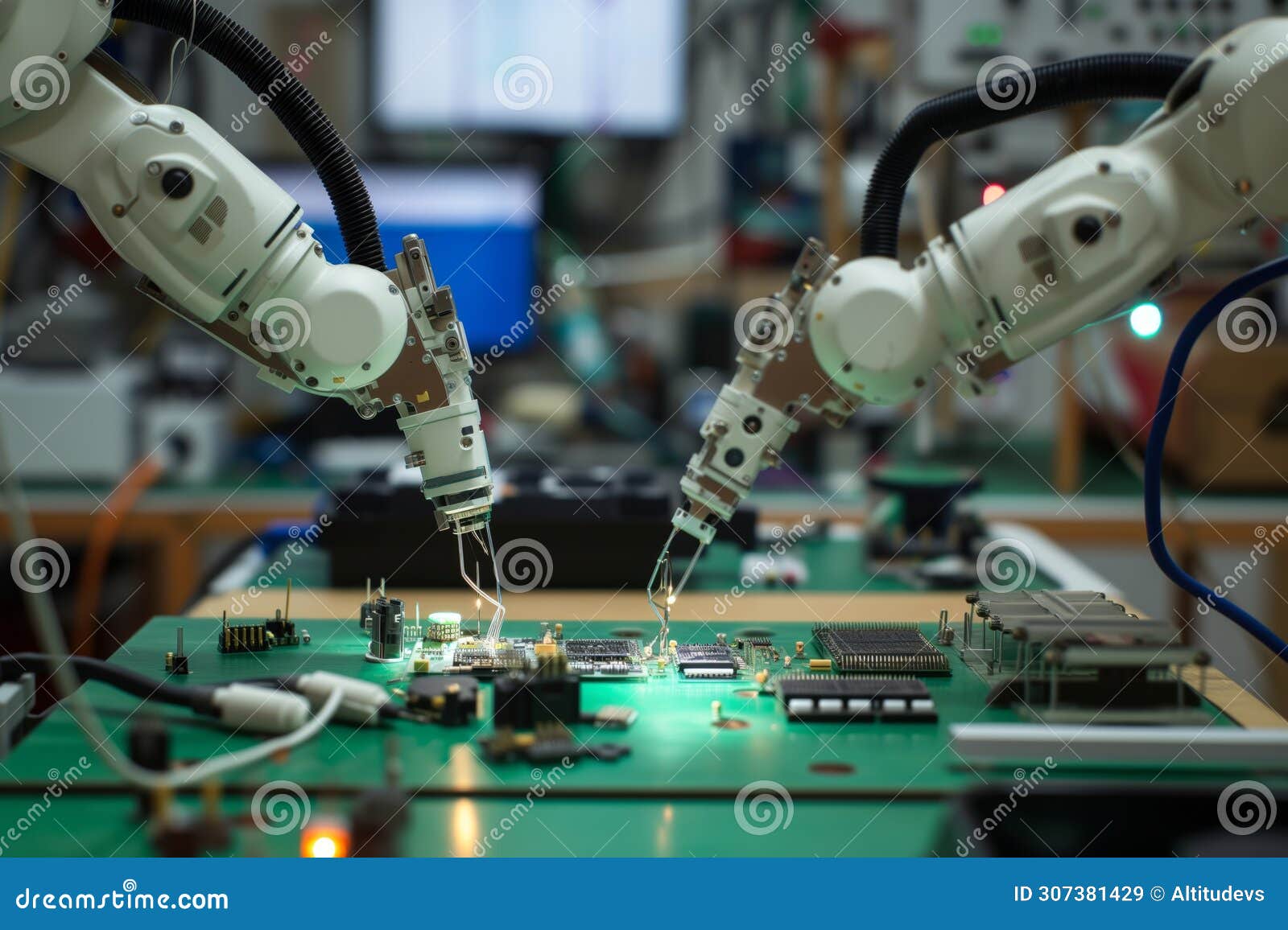 Precision Robot Arms Soldering Components in an Electronics Workshop ...