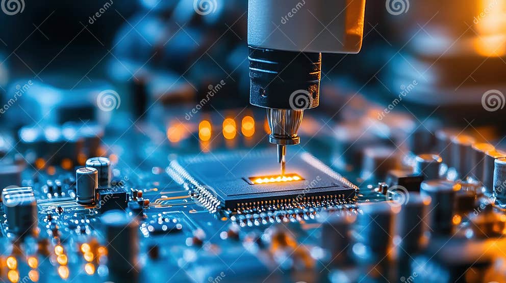 Precision Robotics in Microchip Production Advanced Technology on a Blue Circuit Board Stock ...