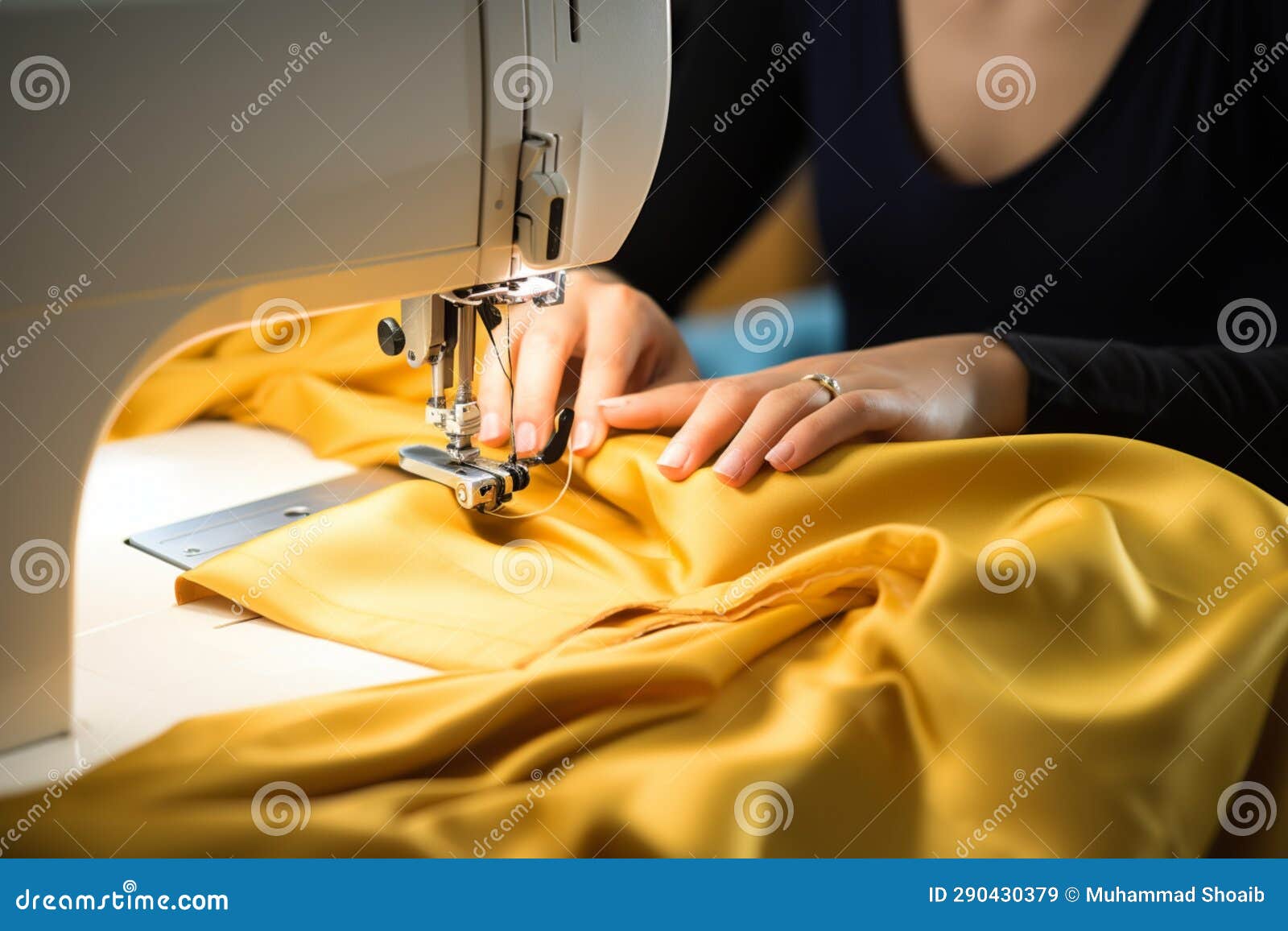 Precision Sewing Process Captured As Female Hands Work on Yellow Fabric ...