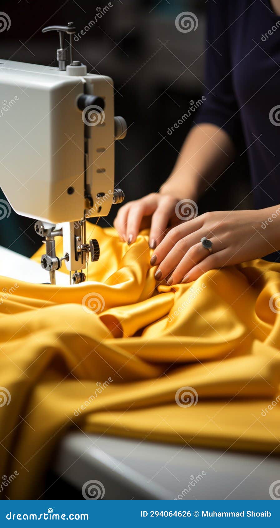 Precision Sewing Process Captured As Female Hands Work on Yellow Fabric ...