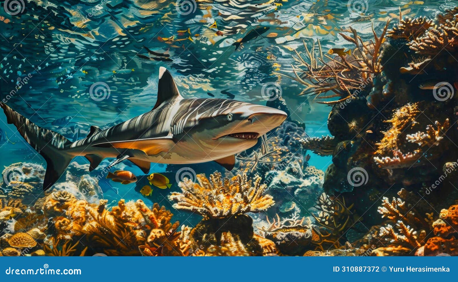 Predator Shark Swimming in Coral Reef Stock Illustration - Illustration ...