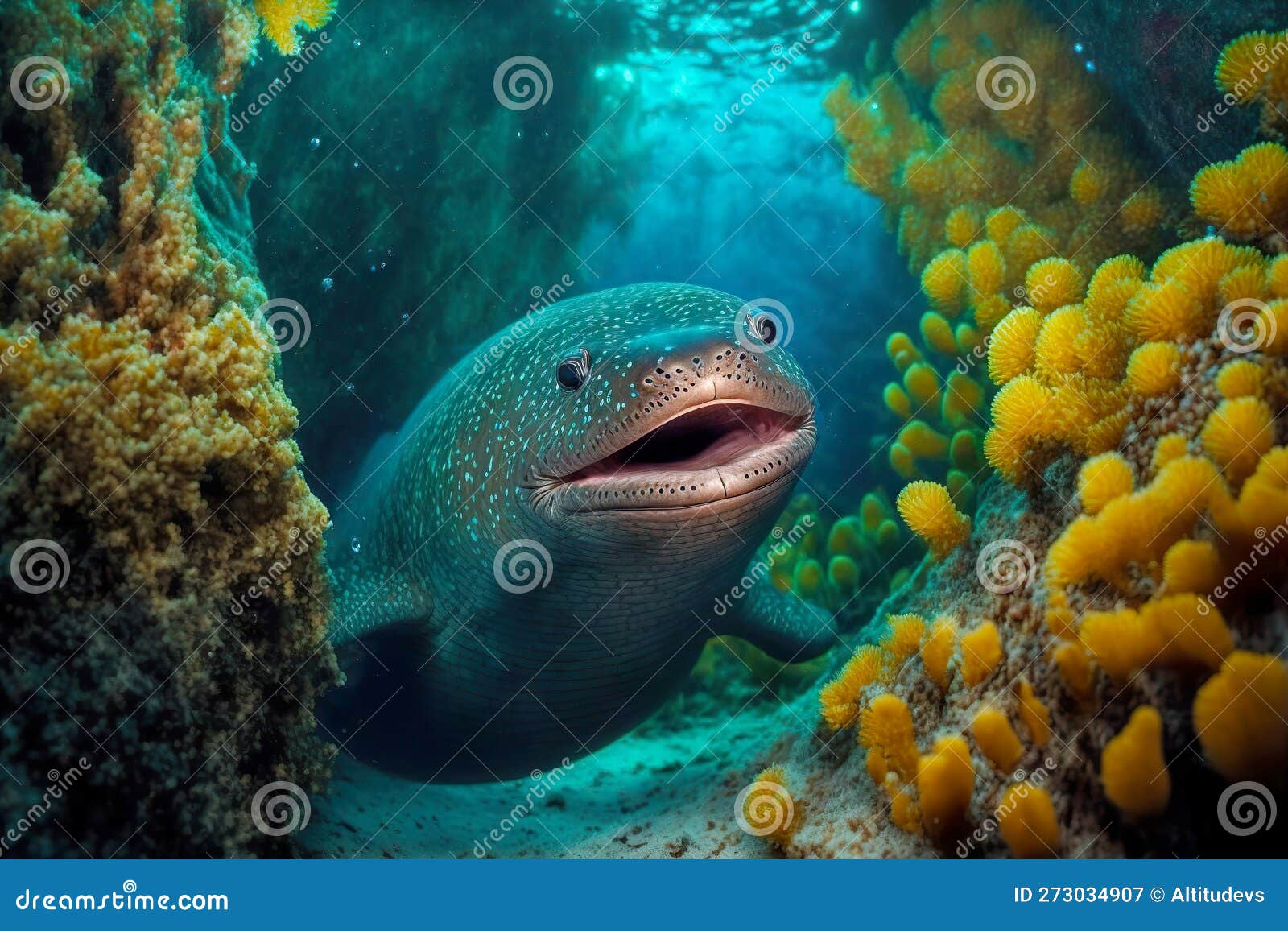 Predatory Moray Eel that Has Opened Its Mouth Floats through Underwater ...