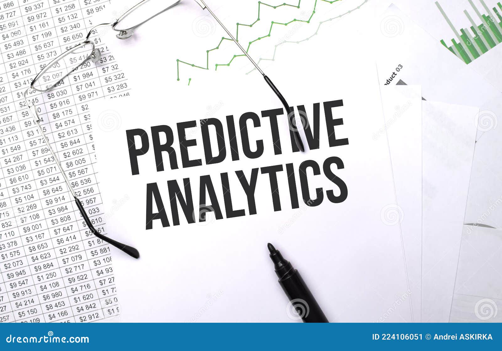 PREDICTIVE ANALYTICS . Conceptual Background with Chart ,papers, Pen ...