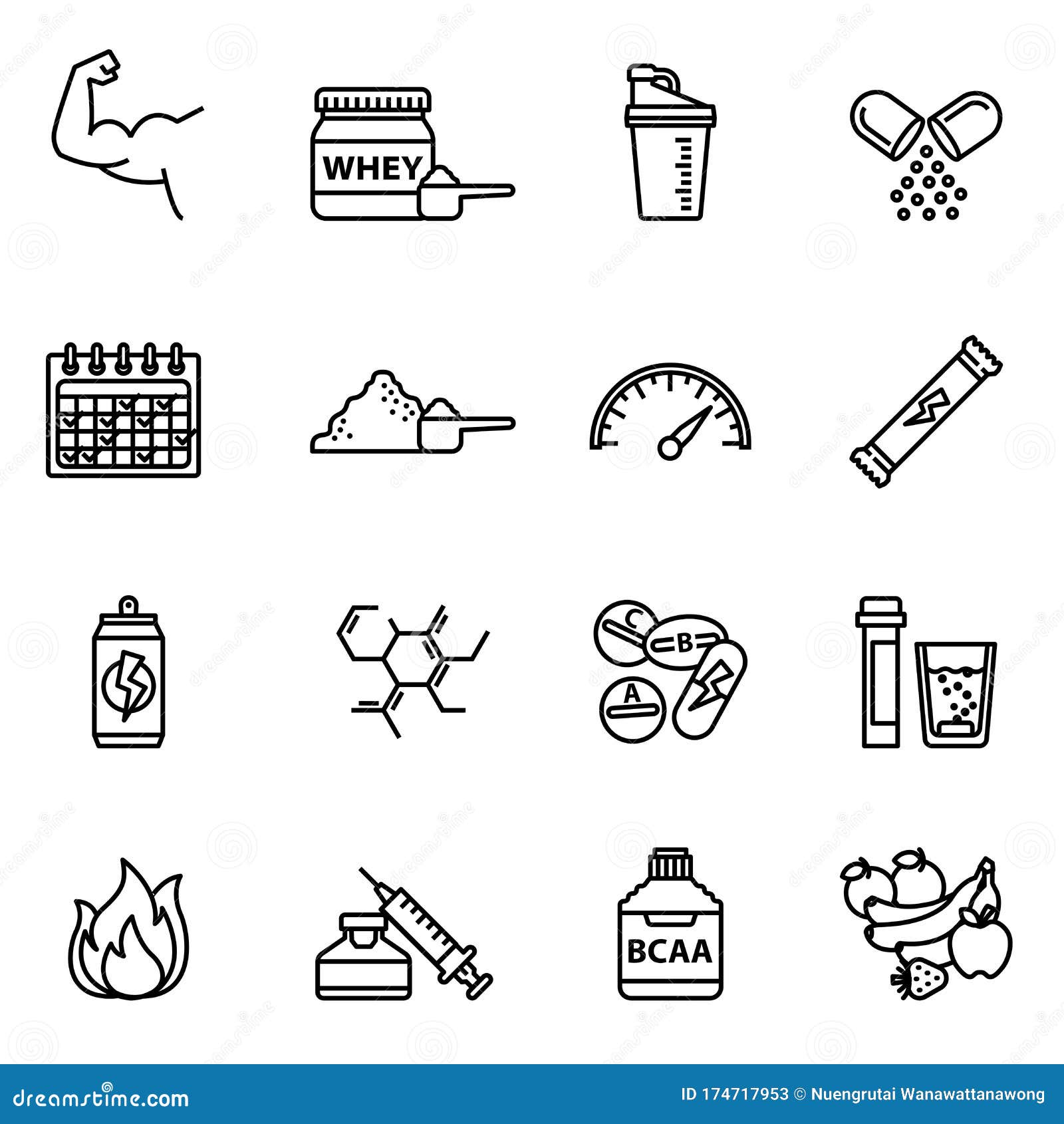 Fitness, Gym , Sport Supplements Icons Set. Sport Nutrition for Power ...