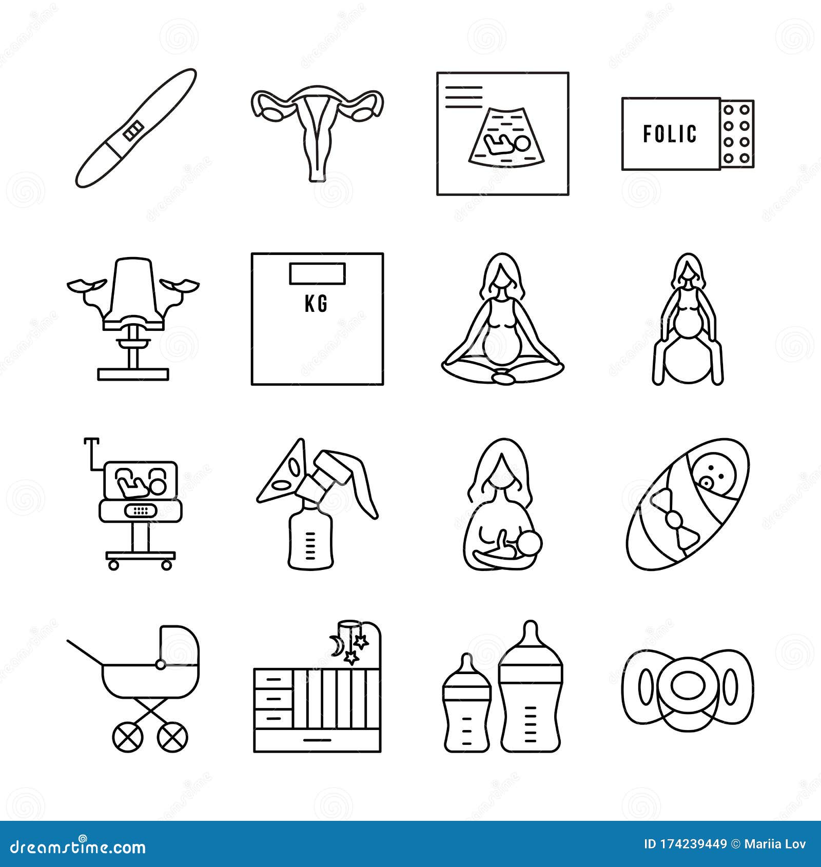 Pregnancy and Childbirth Line Vector Icon Set. Group of Objects about ...