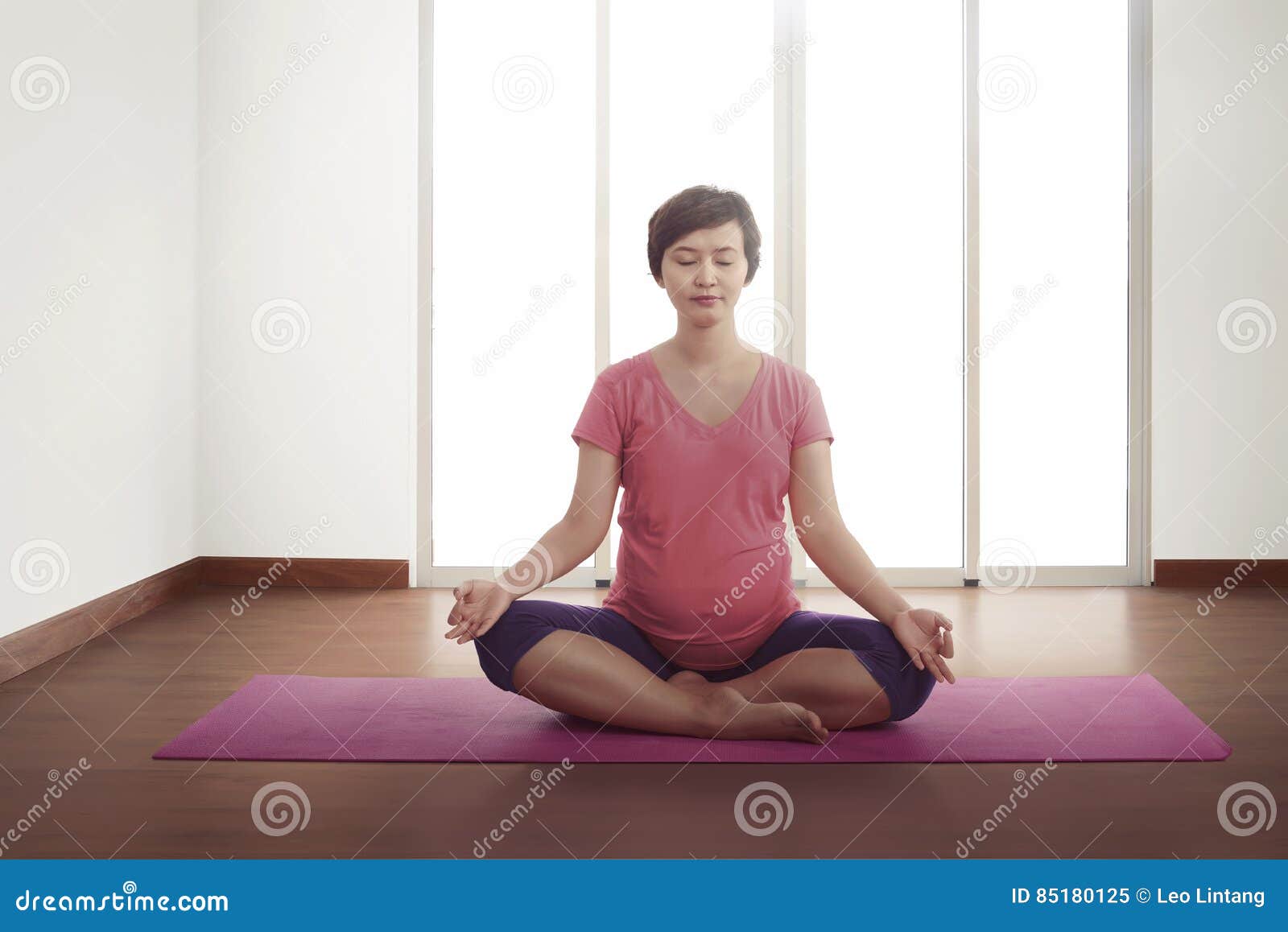 Pregnant Asian Woman Exercising On Pink Mat Stock Image Image Of