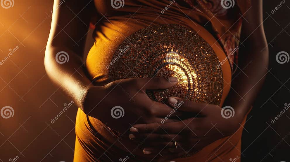 A Pregnant Dark Skinned Woman Holds Her Stomach With Two Hands The