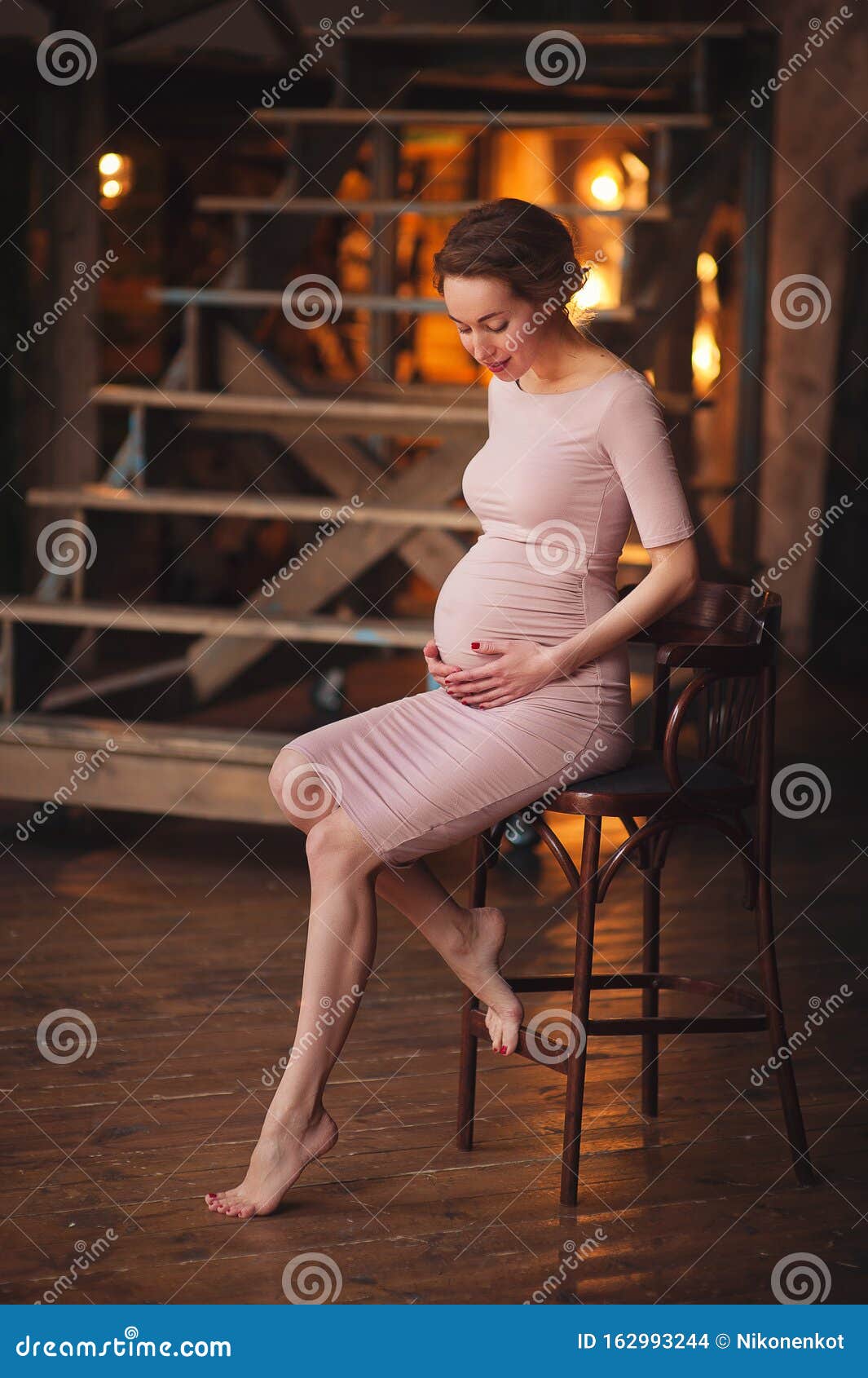 Pregnant Happy Woman Touching Her Belly Pregnant Middle Aged Mother