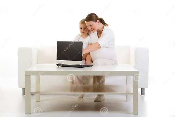 Pregnant Mother and Child Using PC Stock Image - Image of mother, table ...