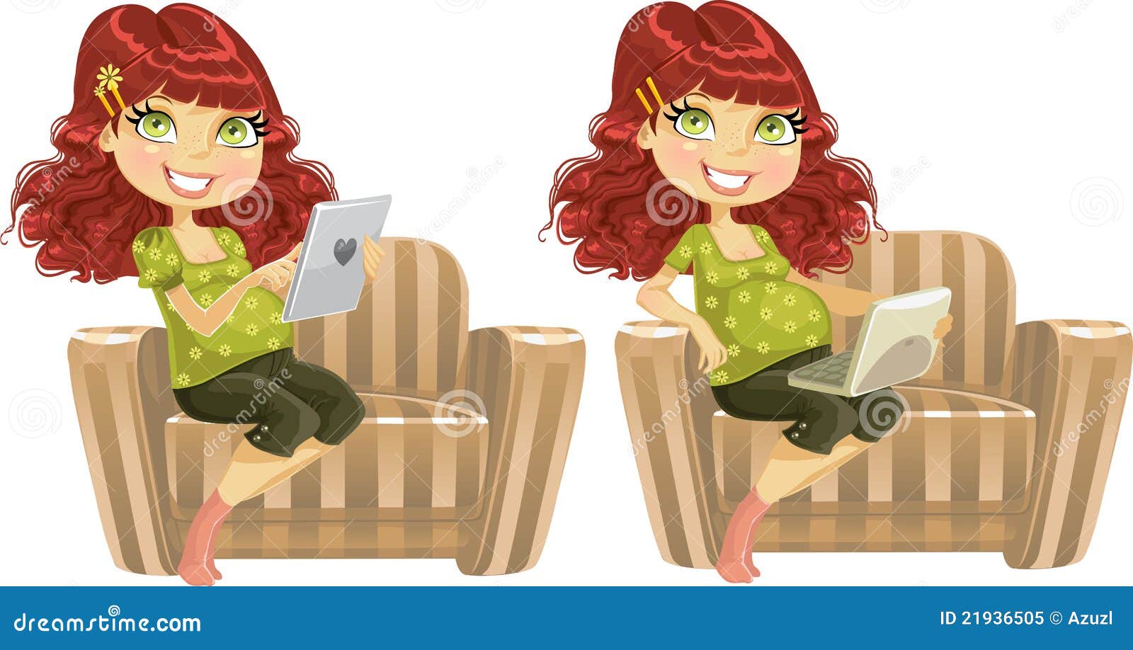 Pregnant Woman with Laptop and Tablet Computer Stock Illustration ...