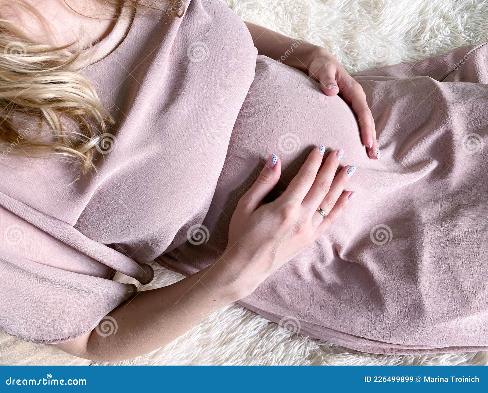 Pregnant Woman Touching Belly Lying On Bed Stock Image Image Of Hand