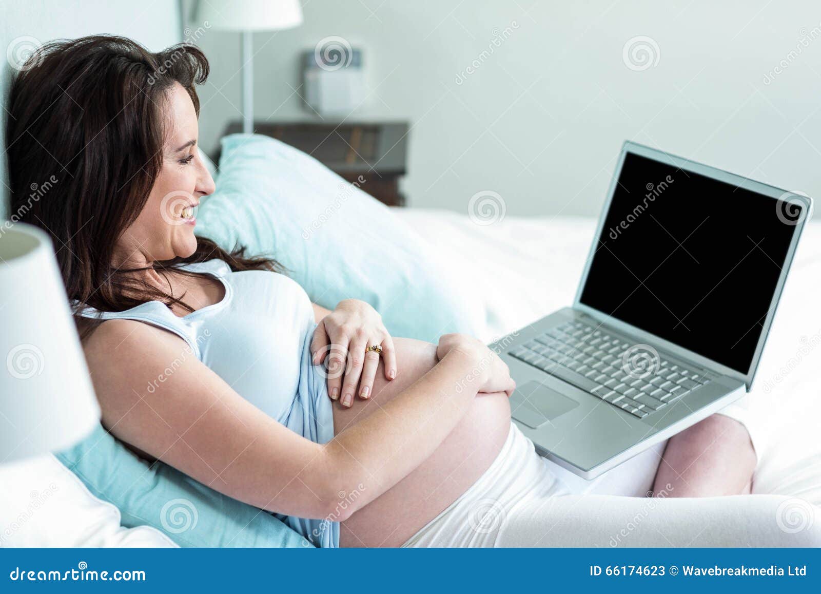 Pregnant Woman Using Laptop Stock Image - Image of notebook, duvet ...