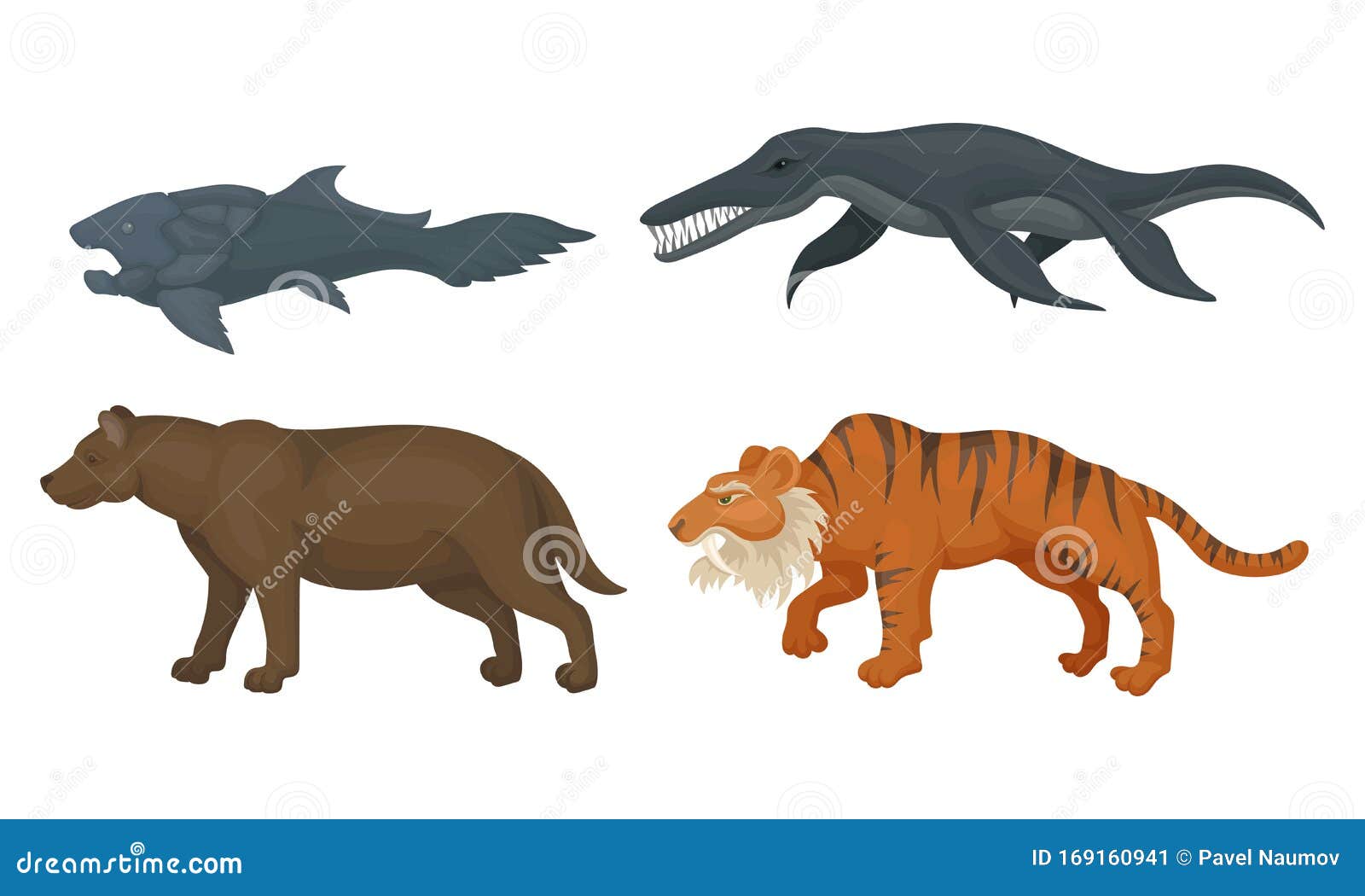 Prehistoric Animals Isolated on White Background Vector Set Stock ...