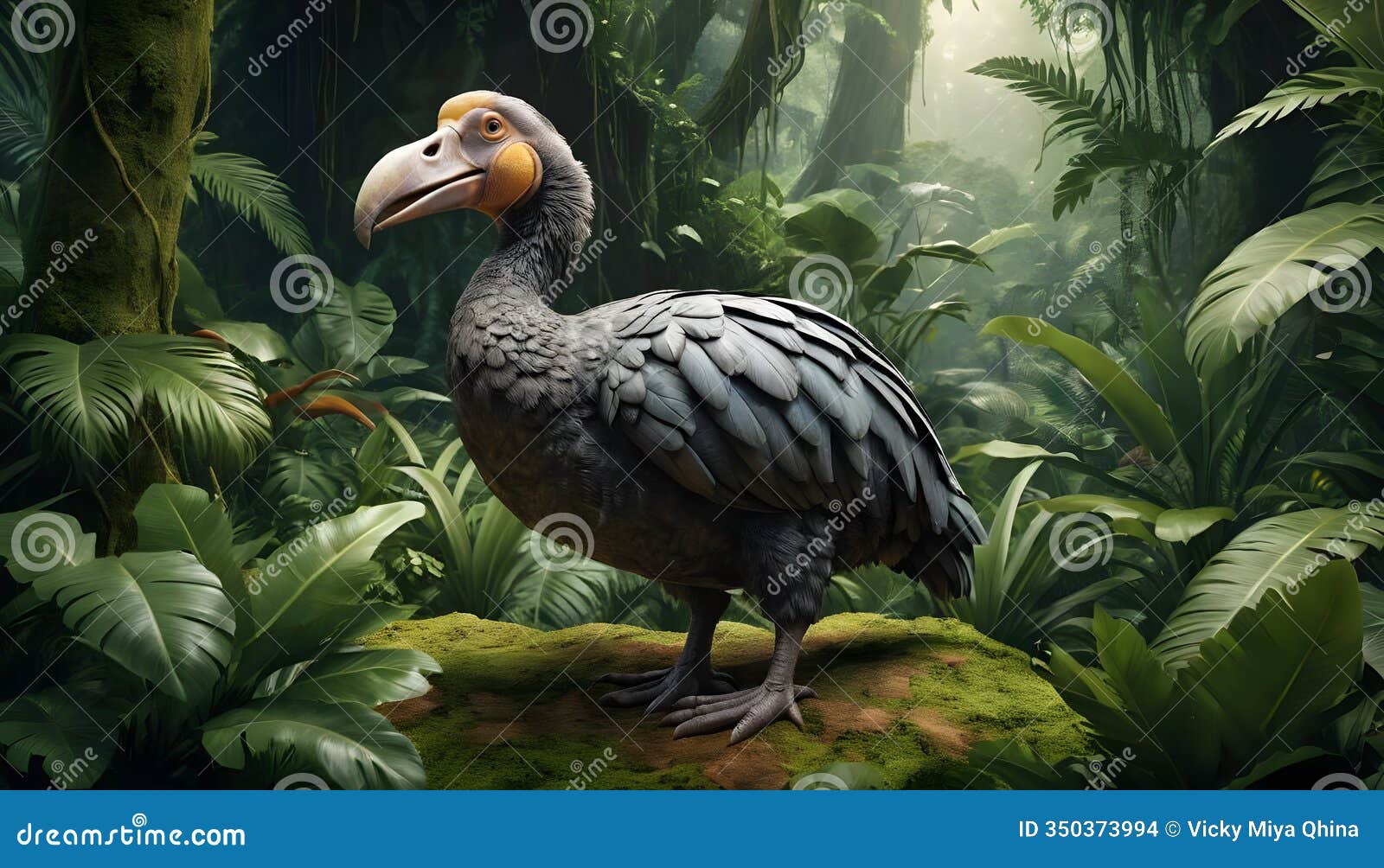 A Prehistoric Bird in a Lush Tropical Rainforest: Digital Rendering of ...