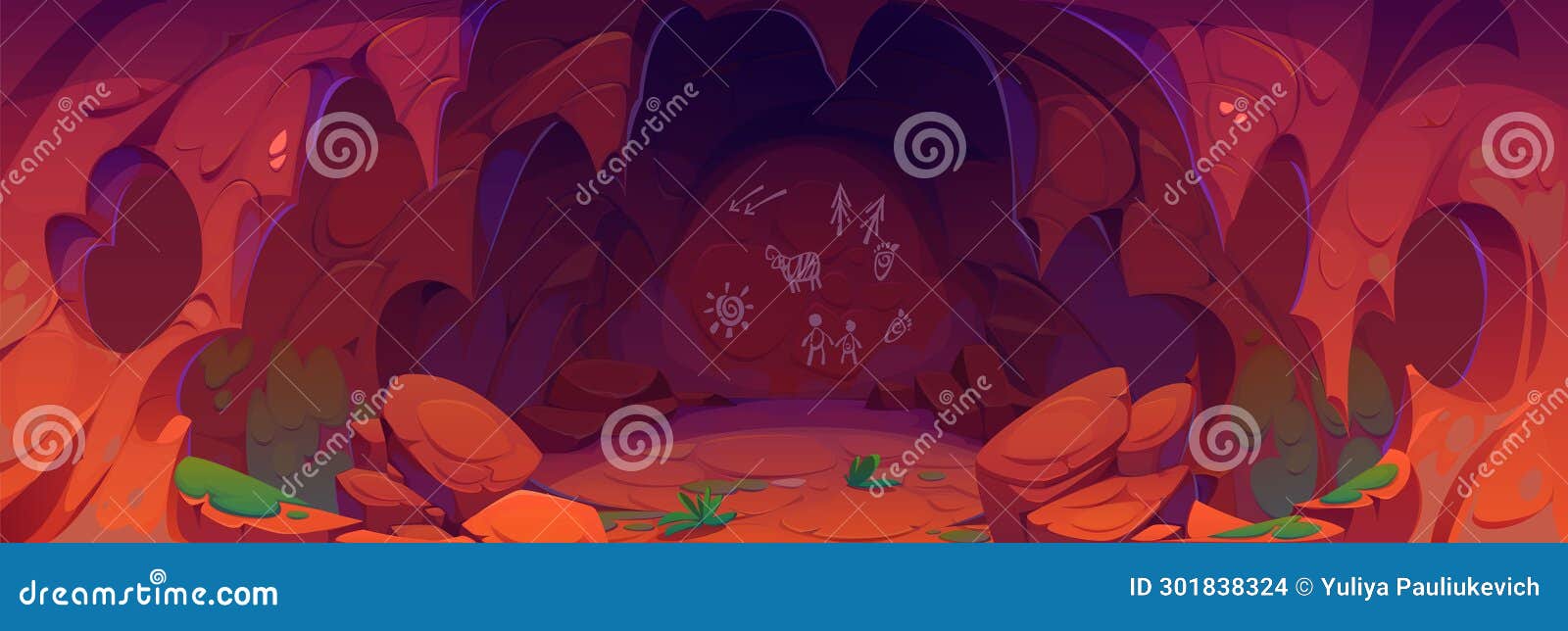 Prehistoric Cave with Caveman Painting on Walls. Stock Illustration ...