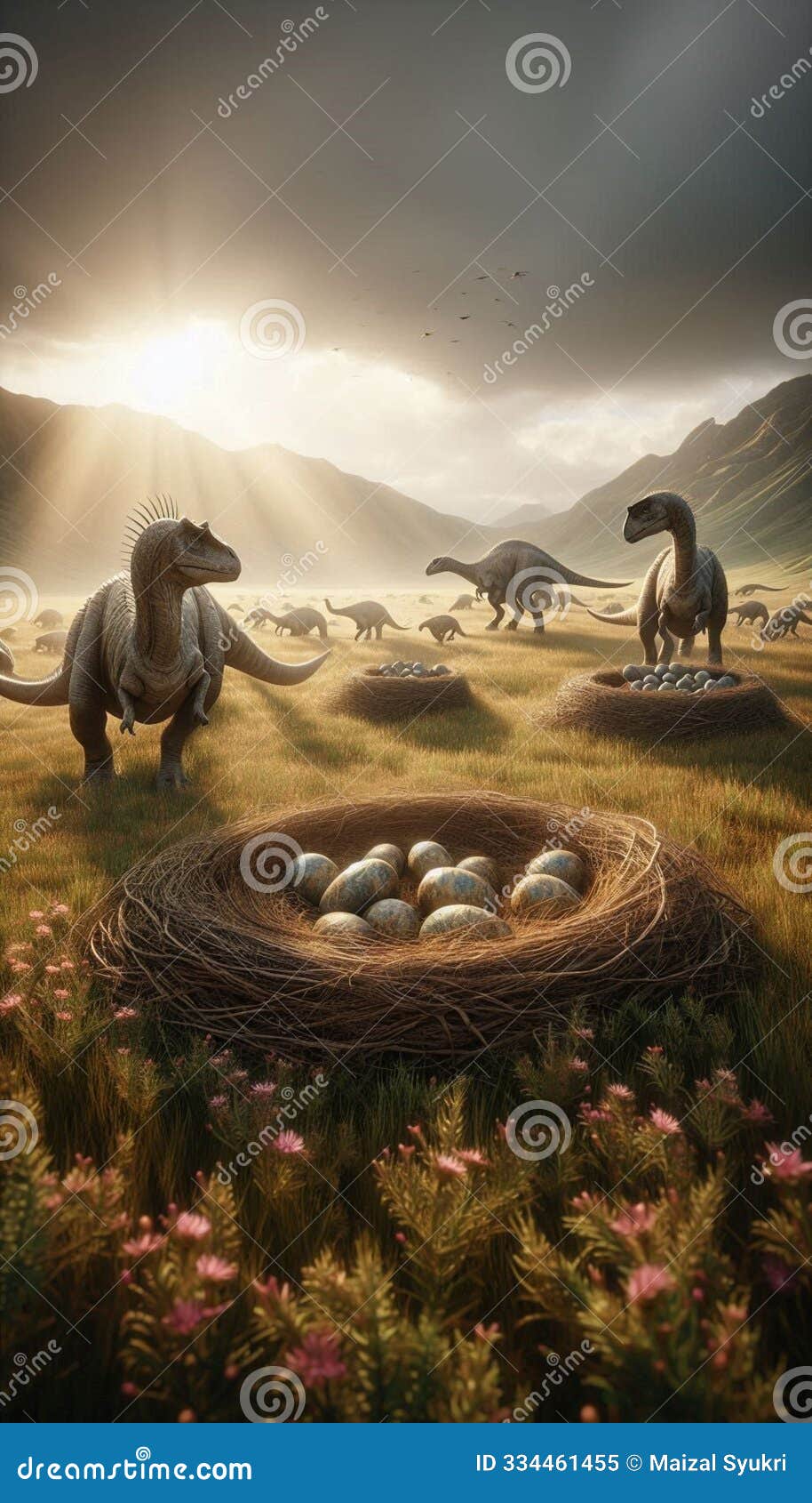Prehistoric Dawn Dinosaurs and Their Nesting Ground Stock Illustration ...
