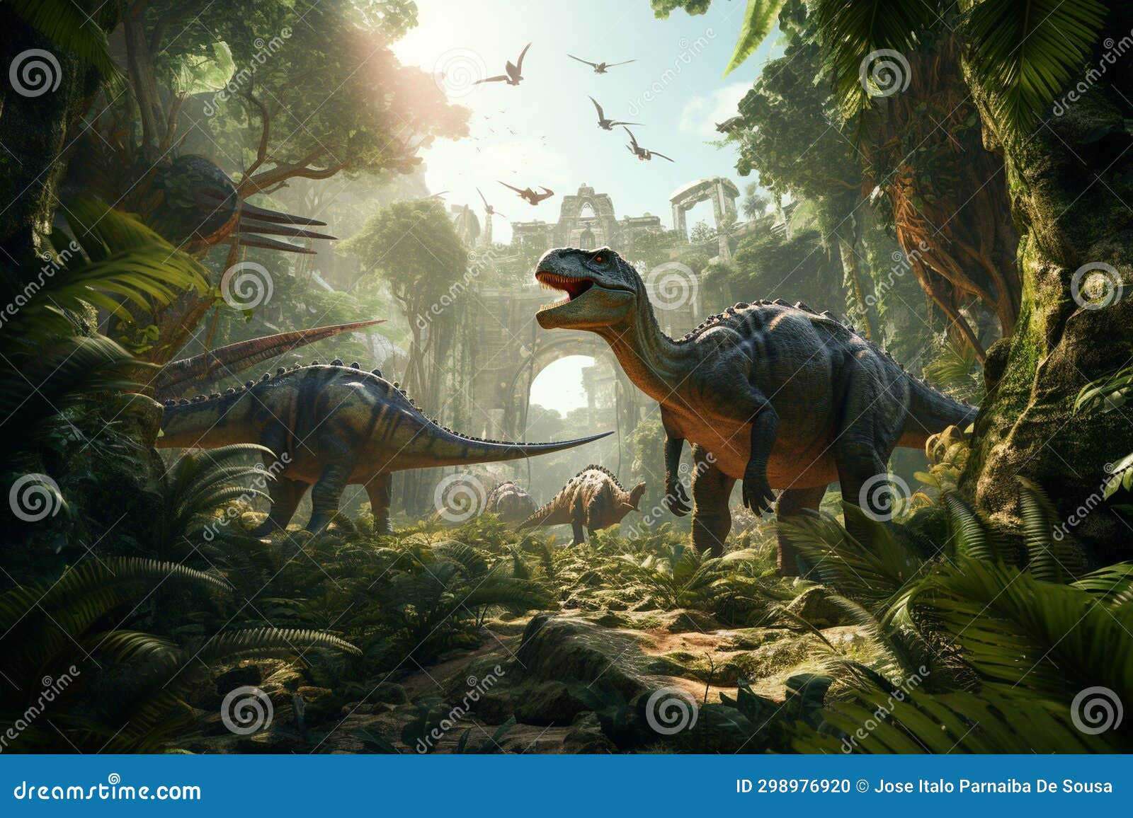 Prehistoric Dinosaurs in a Dense Ancient Jungle Se Stock Illustration ...
