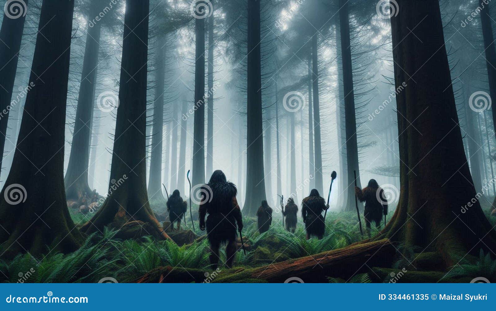 Prehistoric Forest Hunt stock illustration. Illustration of scenery ...