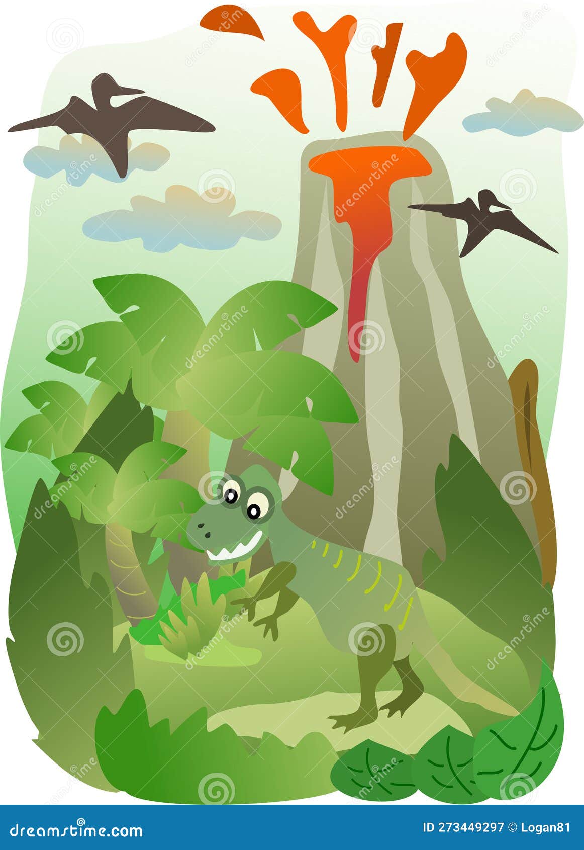 Prehistoric Forest with T-Rex and Volcano Stock Vector - Illustration ...
