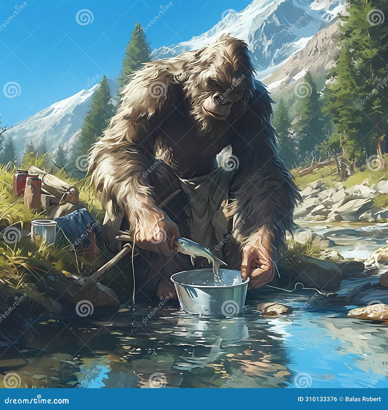 Prehistoric Hunter Fishing by Riverbank Stock Illustration ...