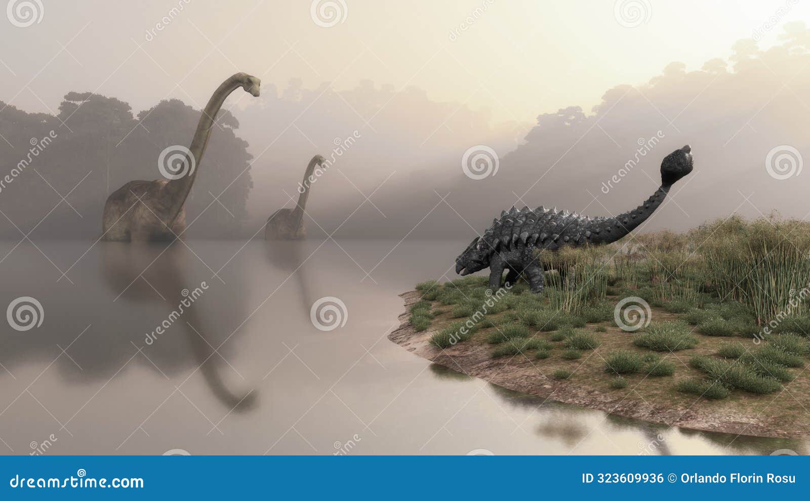 Prehistoric Lake With Dinosaurs. Diplodocus And Ankylosaurus Royalty ...