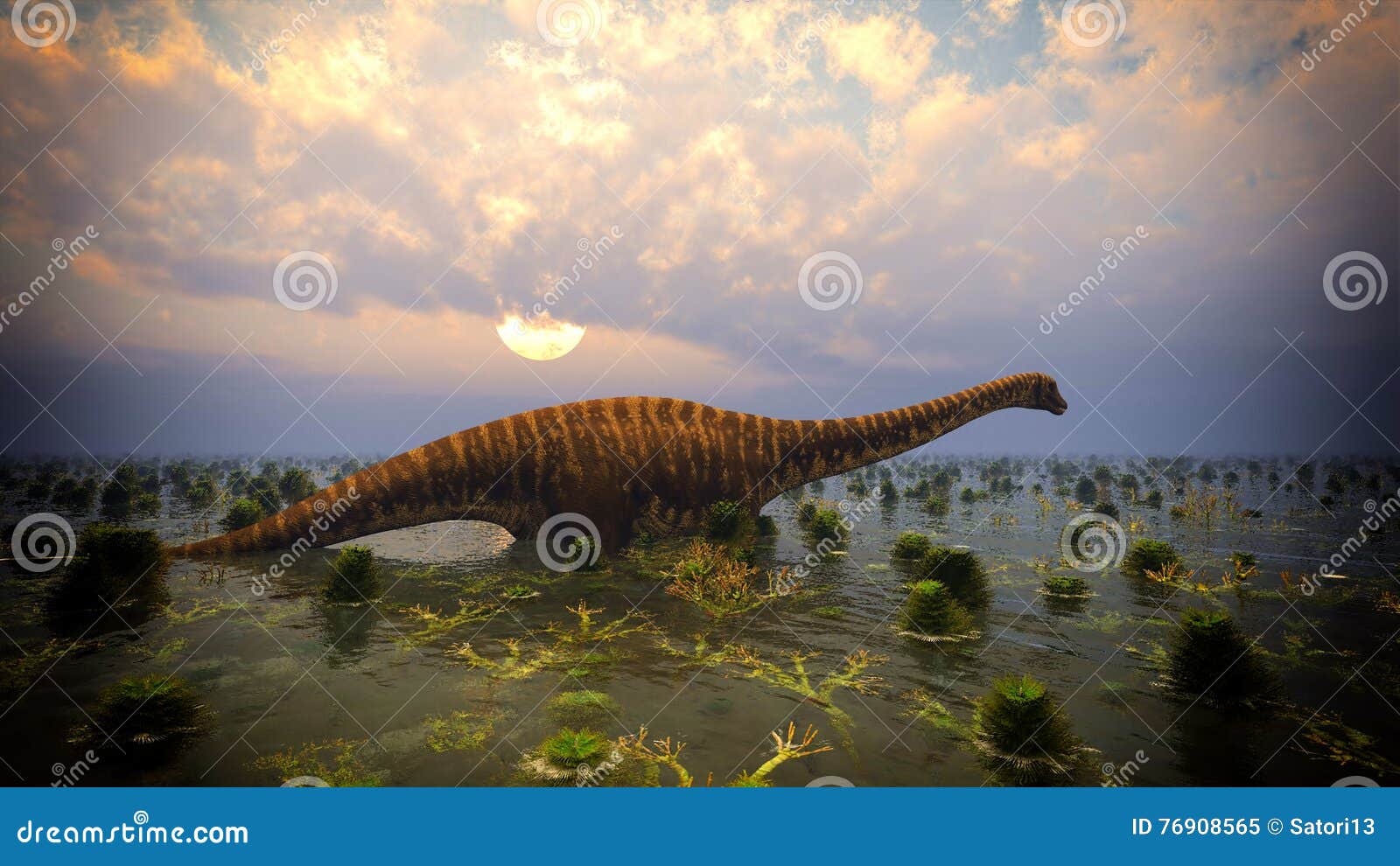 Prehistoric Landscape with Big Diplodoc 3d Rendering Stock Illustration ...