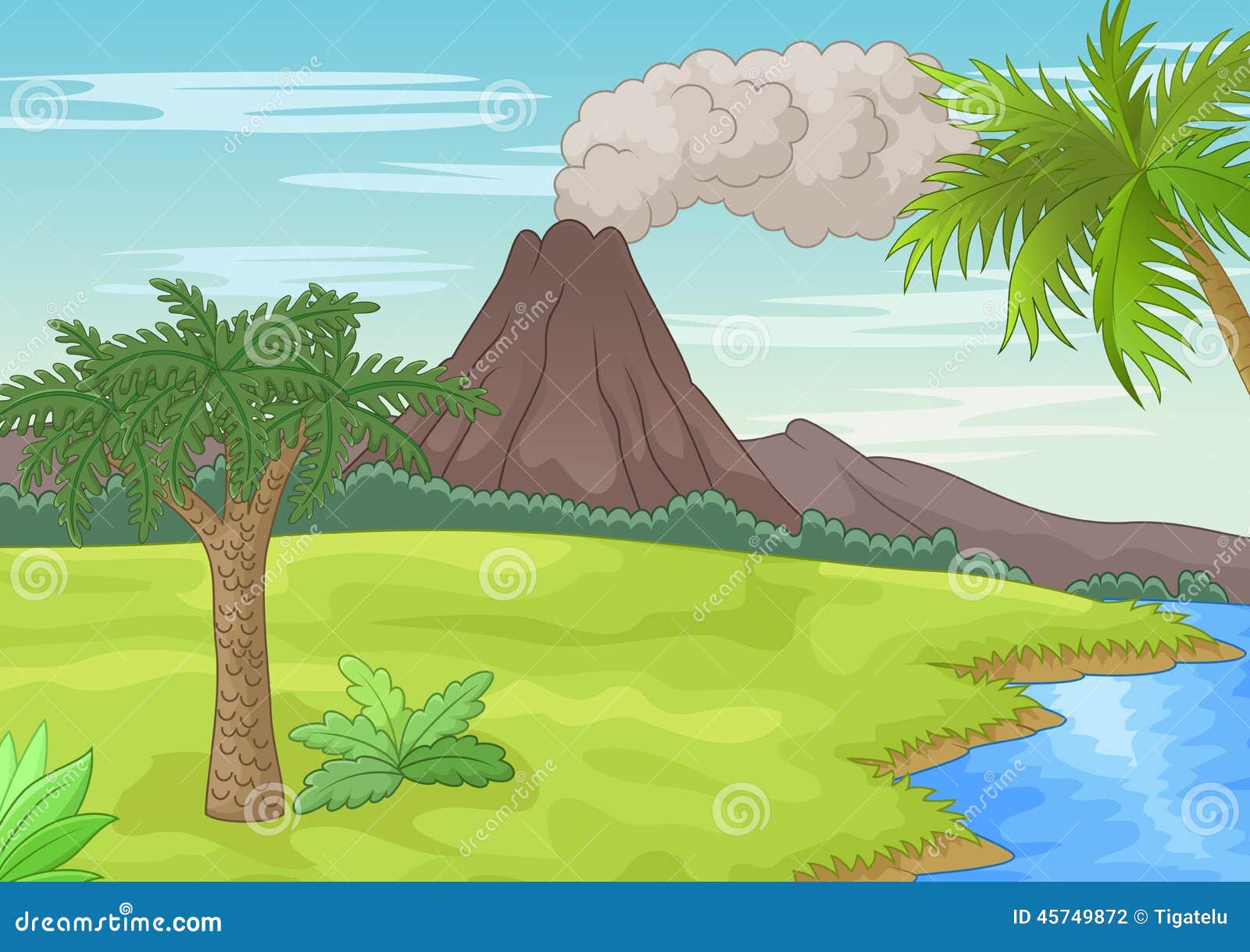 Prehistoric Landscape - Volcano With Smoke, Mountains, Dinosaurs And ...