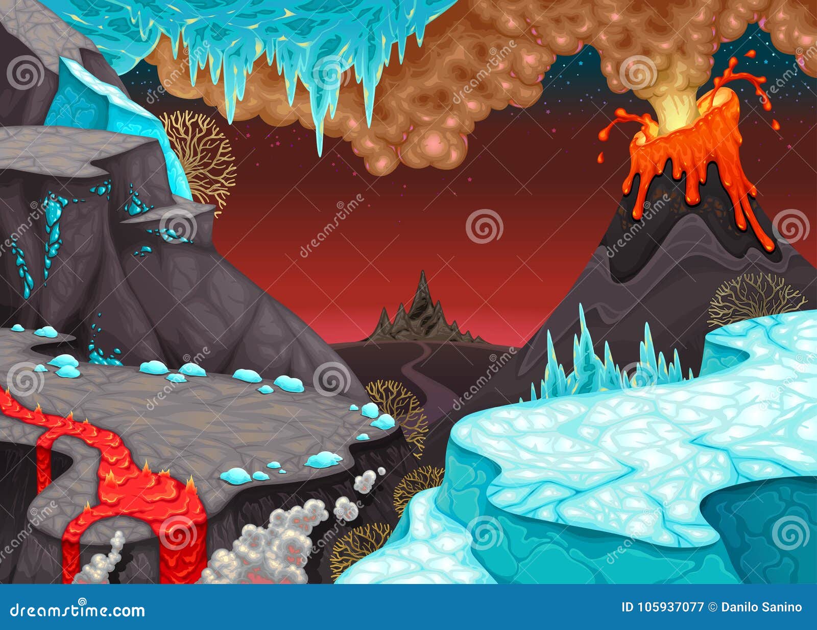 Prehistoric Landscape with Fire and Ice. Stock Vector - Illustration of ...