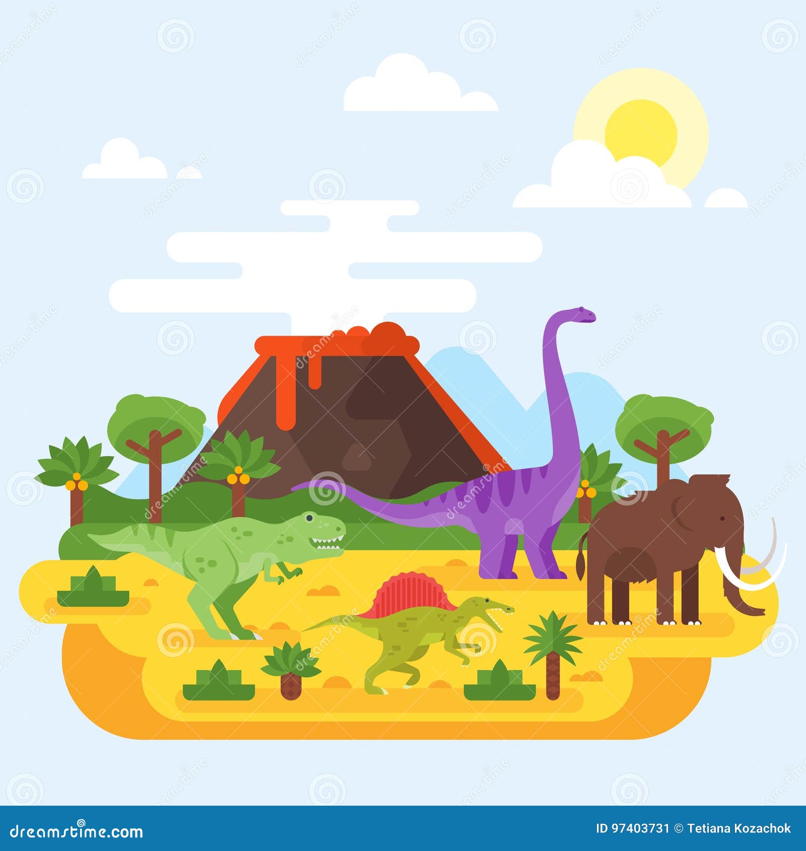 Prehistoric Landscape and Volcano with Dinosaurs. Stock Vector ...
