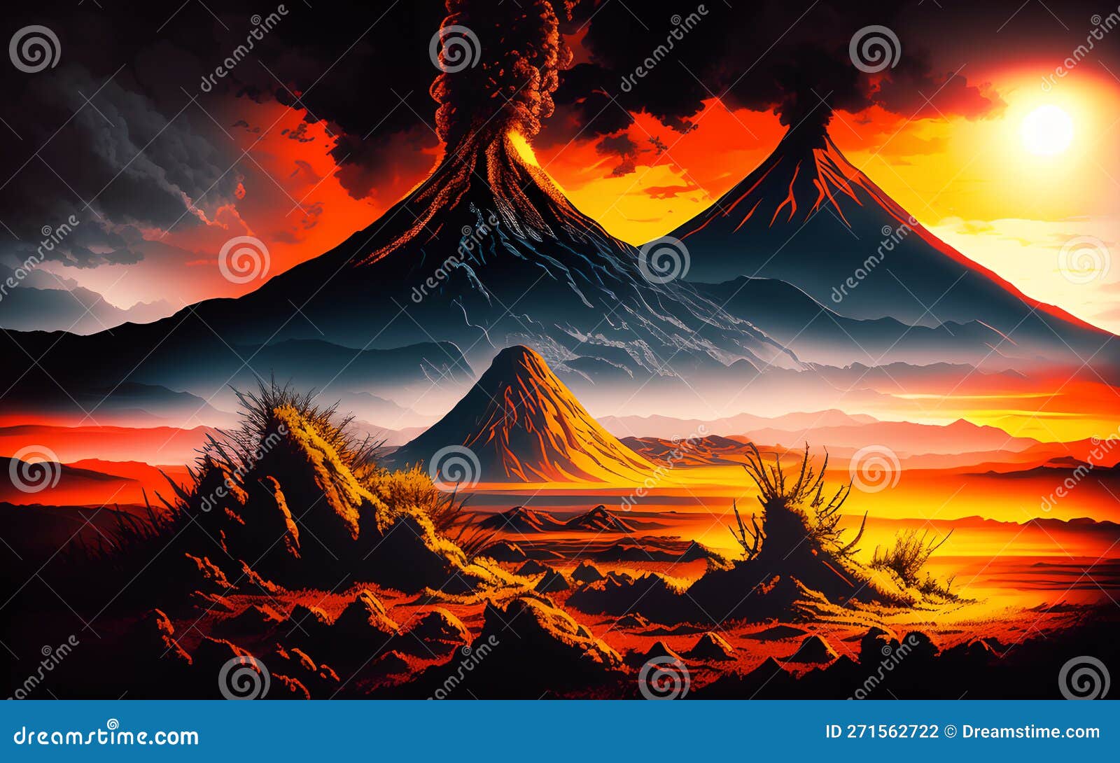 Prehistoric Landscape with Volcano at Sunset. Generative Al ...