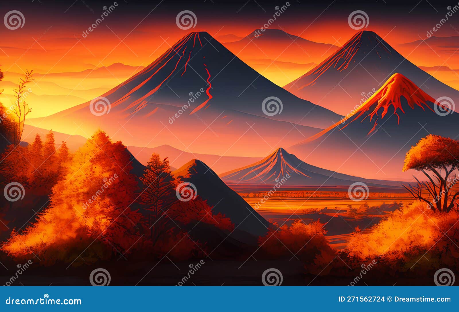 Prehistoric Landscape with Volcano at Sunset. Generative Al ...