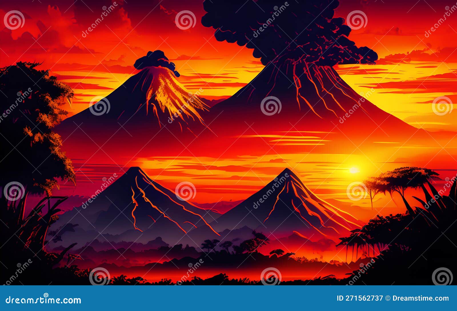 Prehistoric Landscape with Volcano at Sunset. Generative Al ...