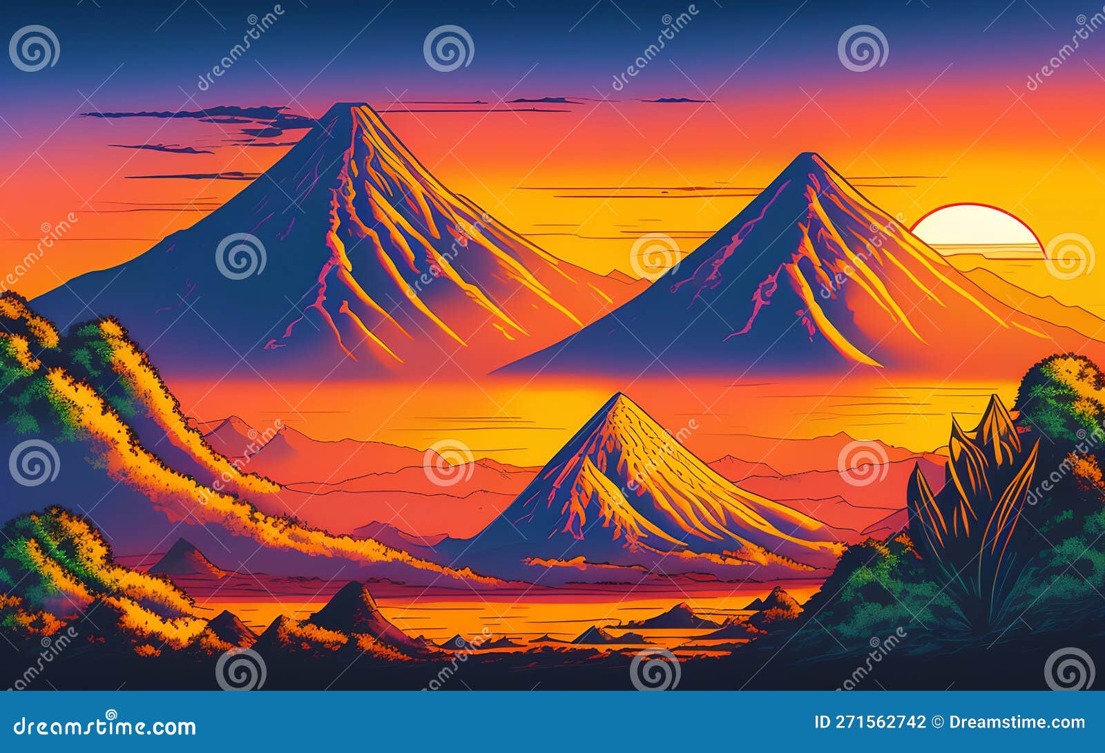Prehistoric Landscape with Volcano at Sunset. Generative Al ...
