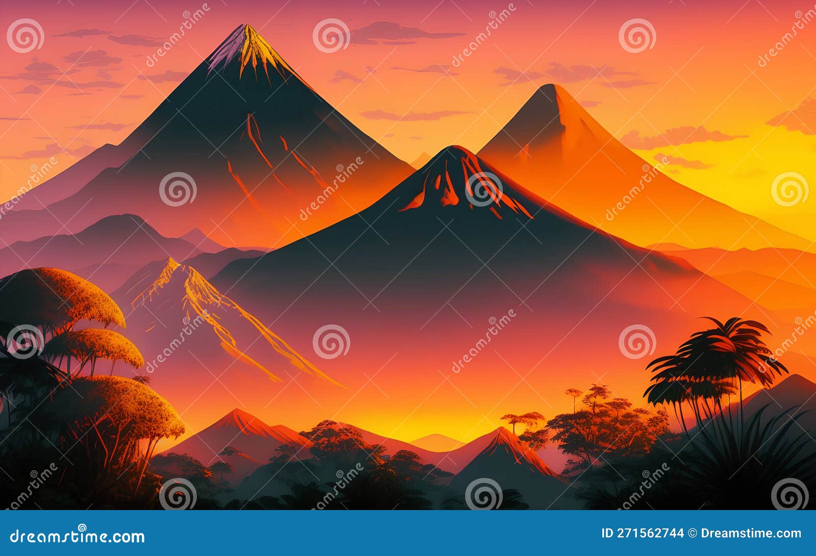 Prehistoric Landscape with Volcano at Sunset. Generative Al ...