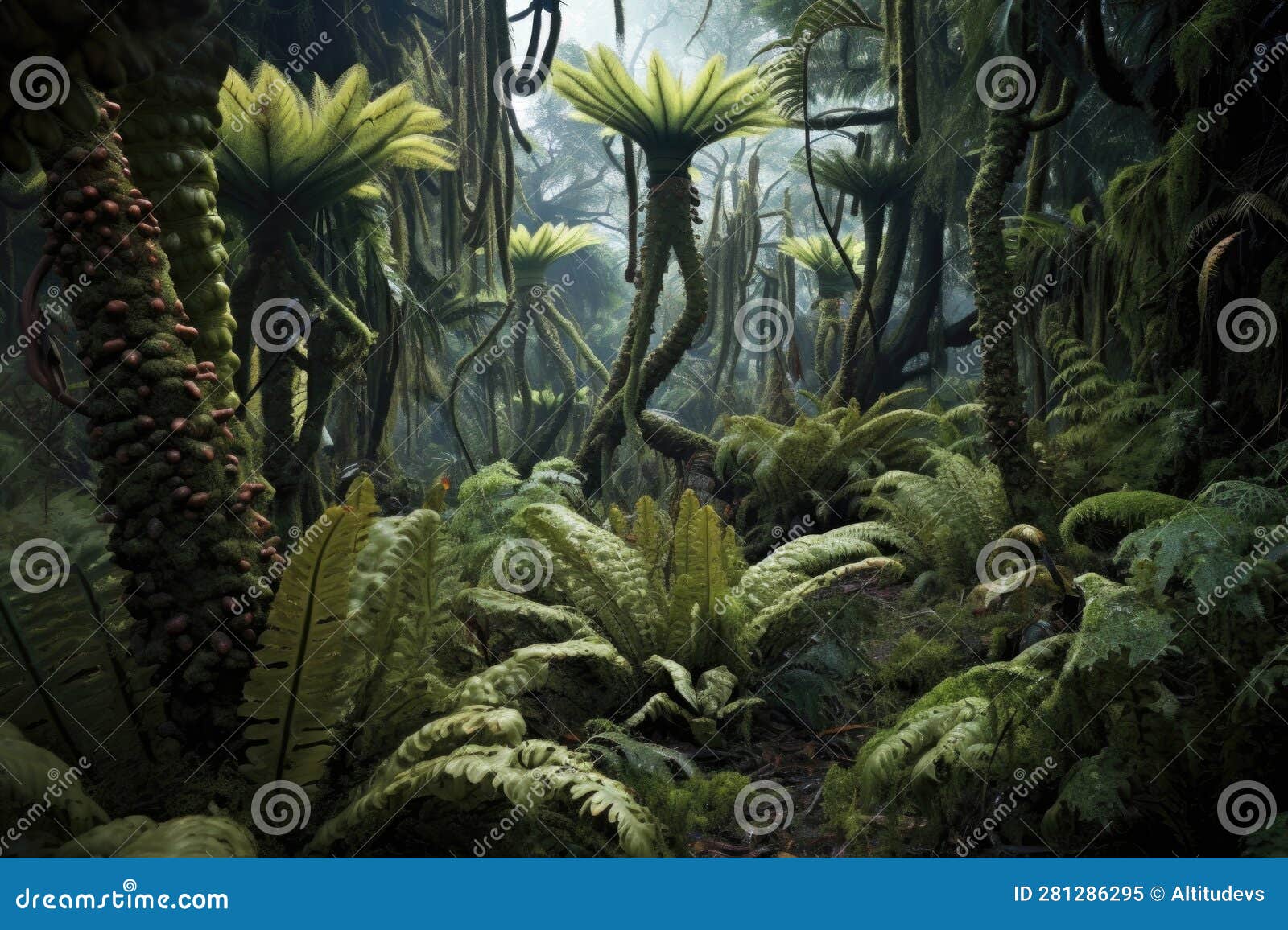 Prehistoric-looking Plants in Dense Vegetation Stock Illustration ...