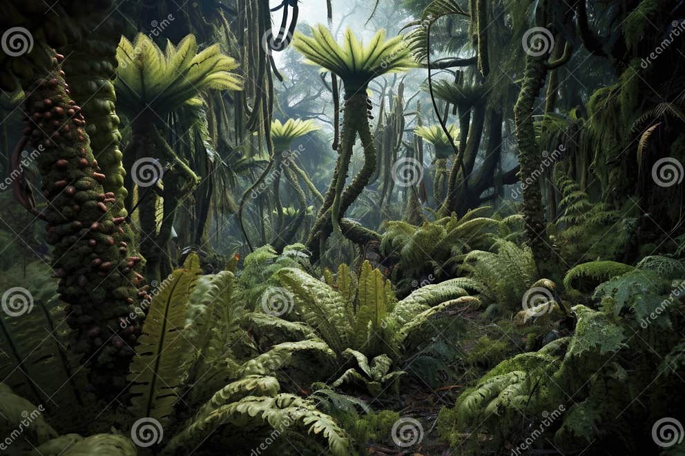 Prehistoric-looking Plants in Dense Vegetation Stock Illustration ...