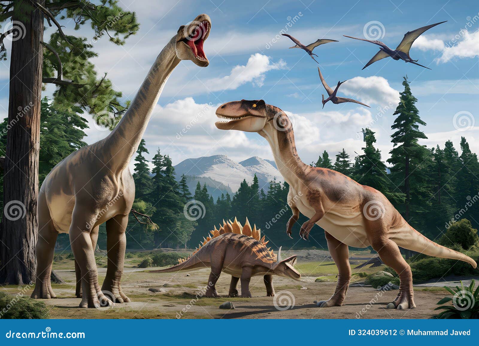Dinosaurs in Prehistoric Setting, Framed by Trees and Mountains Stock ...