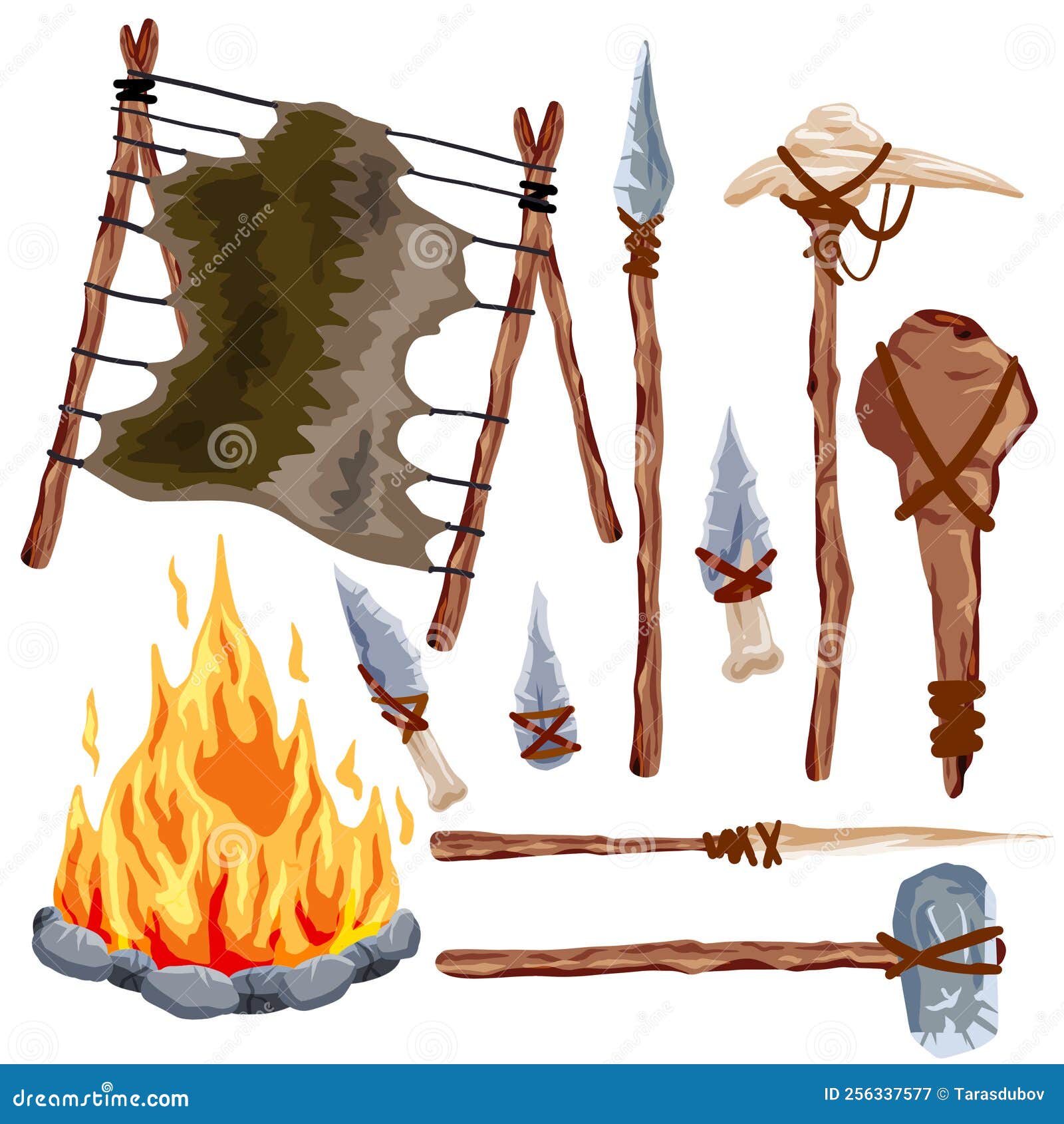 Prehistoric Weapons. Set Of Caveman Tools. Primitive Spear And Stone ...