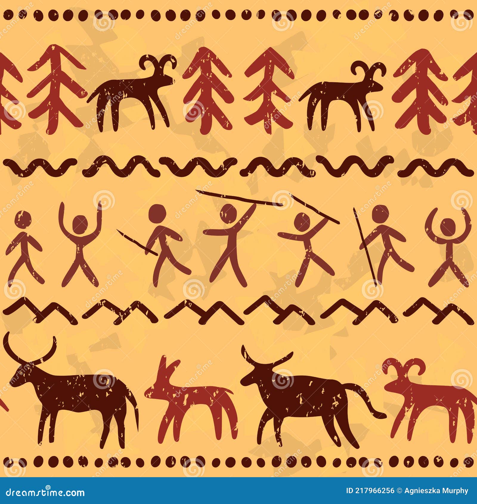 Prehostoric Cave Paintings Art Vector Seamless Pattern, Primitive ...