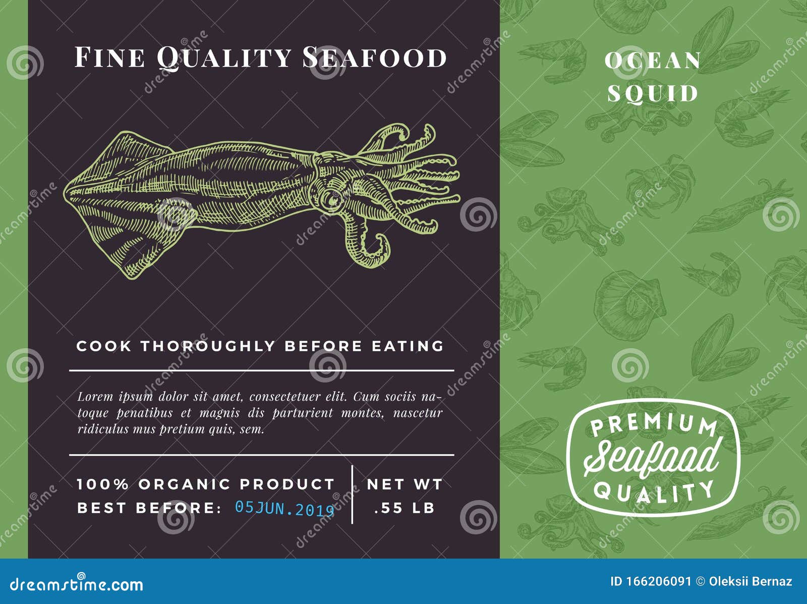Premium Quality Seafood Abstract Vector Squid Packaging Design or Label ...