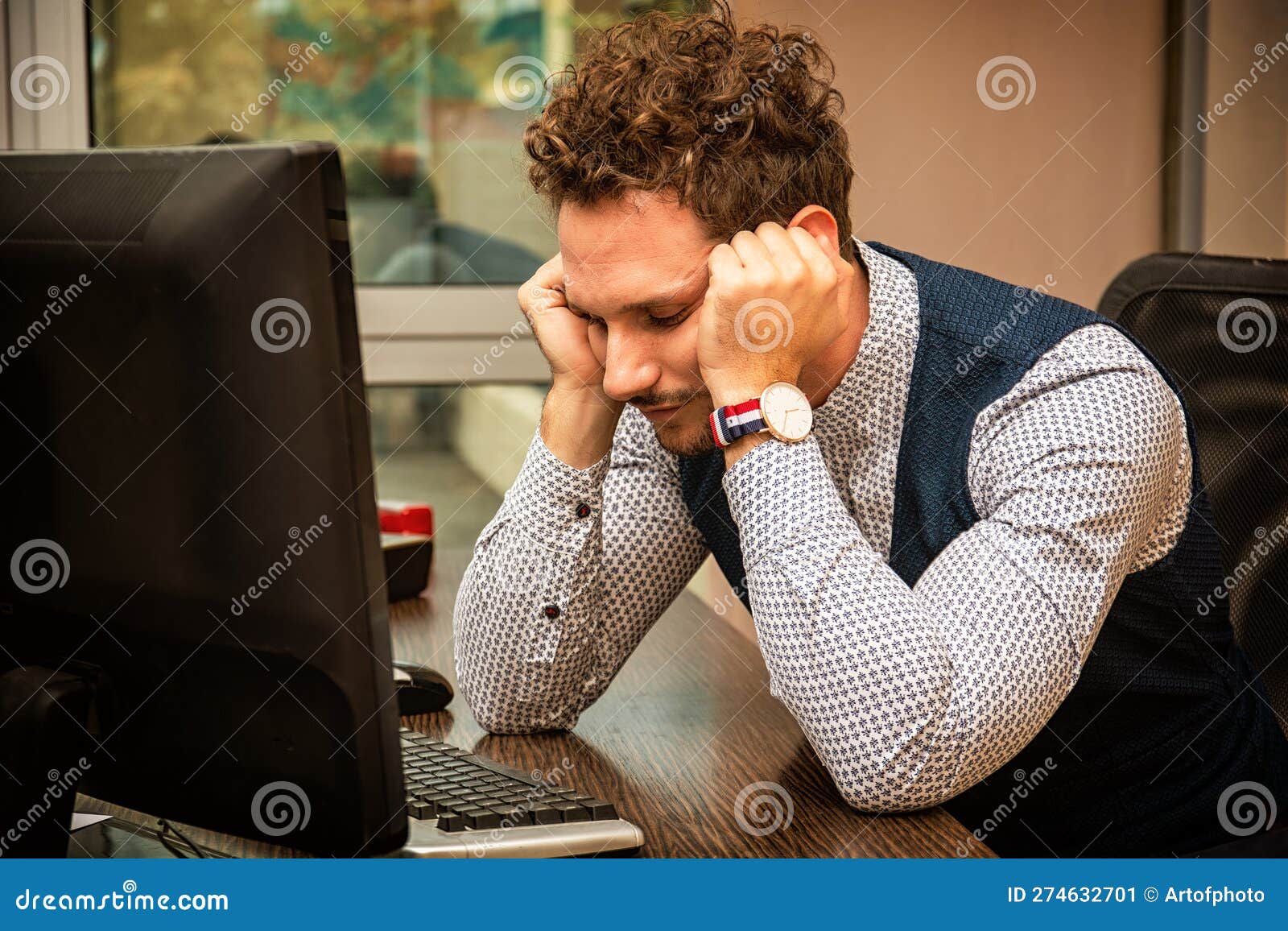Preoccupied, Worried Male Worker Staring at Computer Stock Image ...