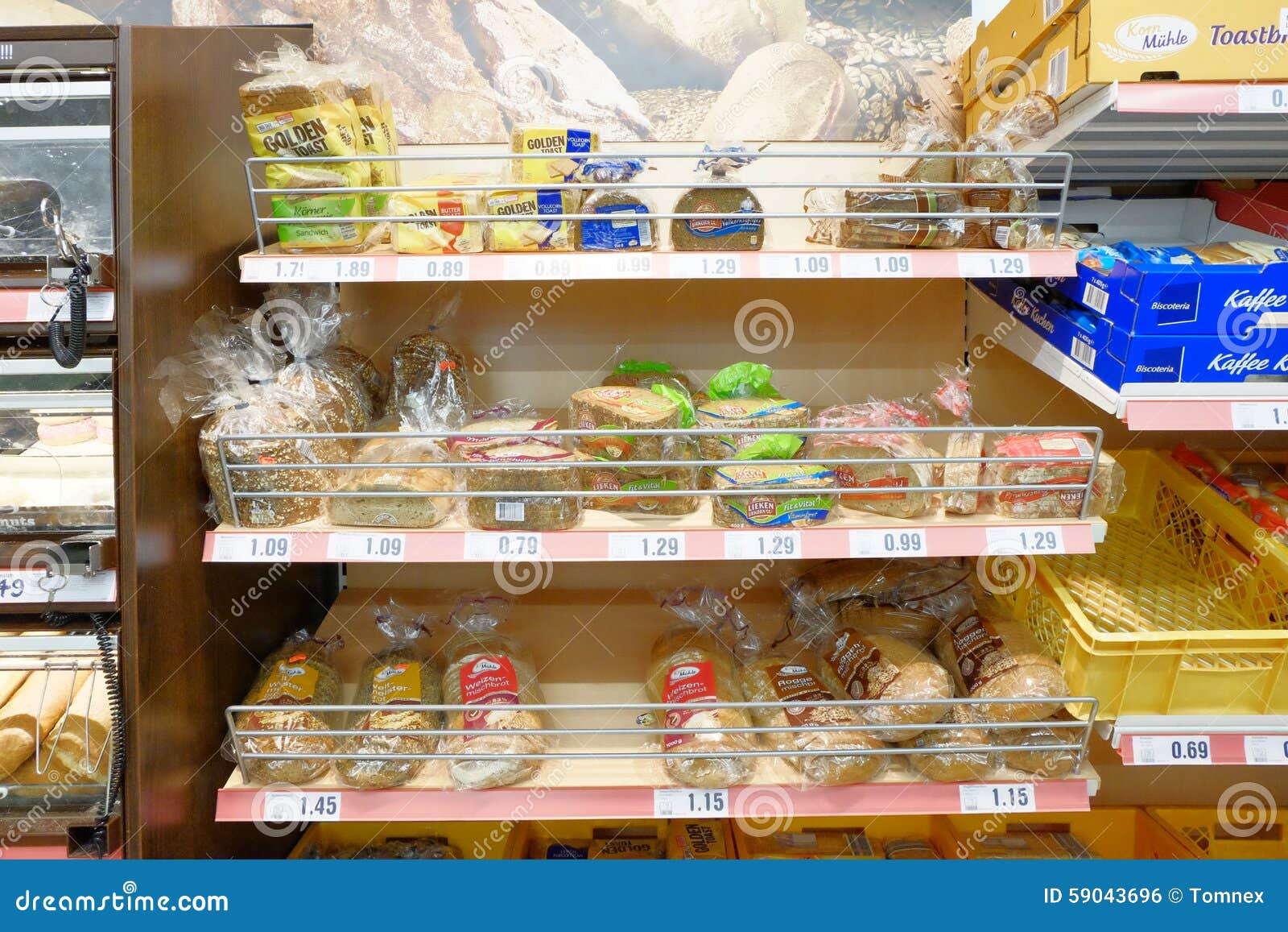 Packaged Bread Section In Supermarket. Long Aisle Loaves Of Bread For ...