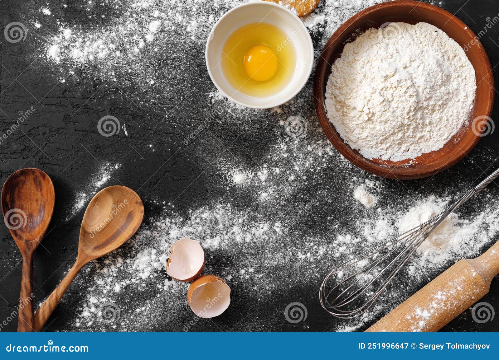 Preparation for Baking. Eggs and Flour on Black Background Stock Image ...